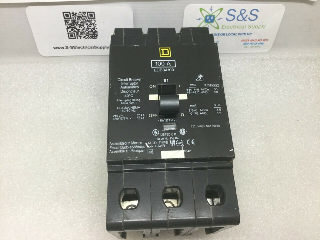 Square D EDB34100 3 Pole 100 Amp 480v Circuit Breaker