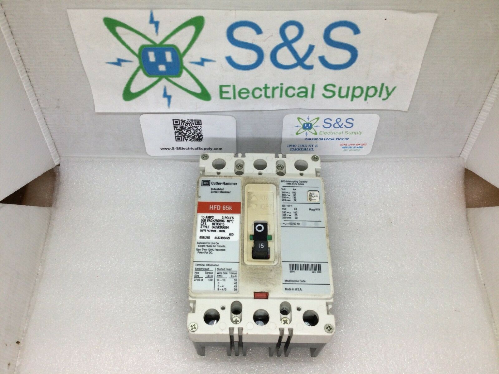 Cutler Hammer Hfd3015 3 Pole 15 Amp 600 Volt Hfd 65k Circuit Breaker