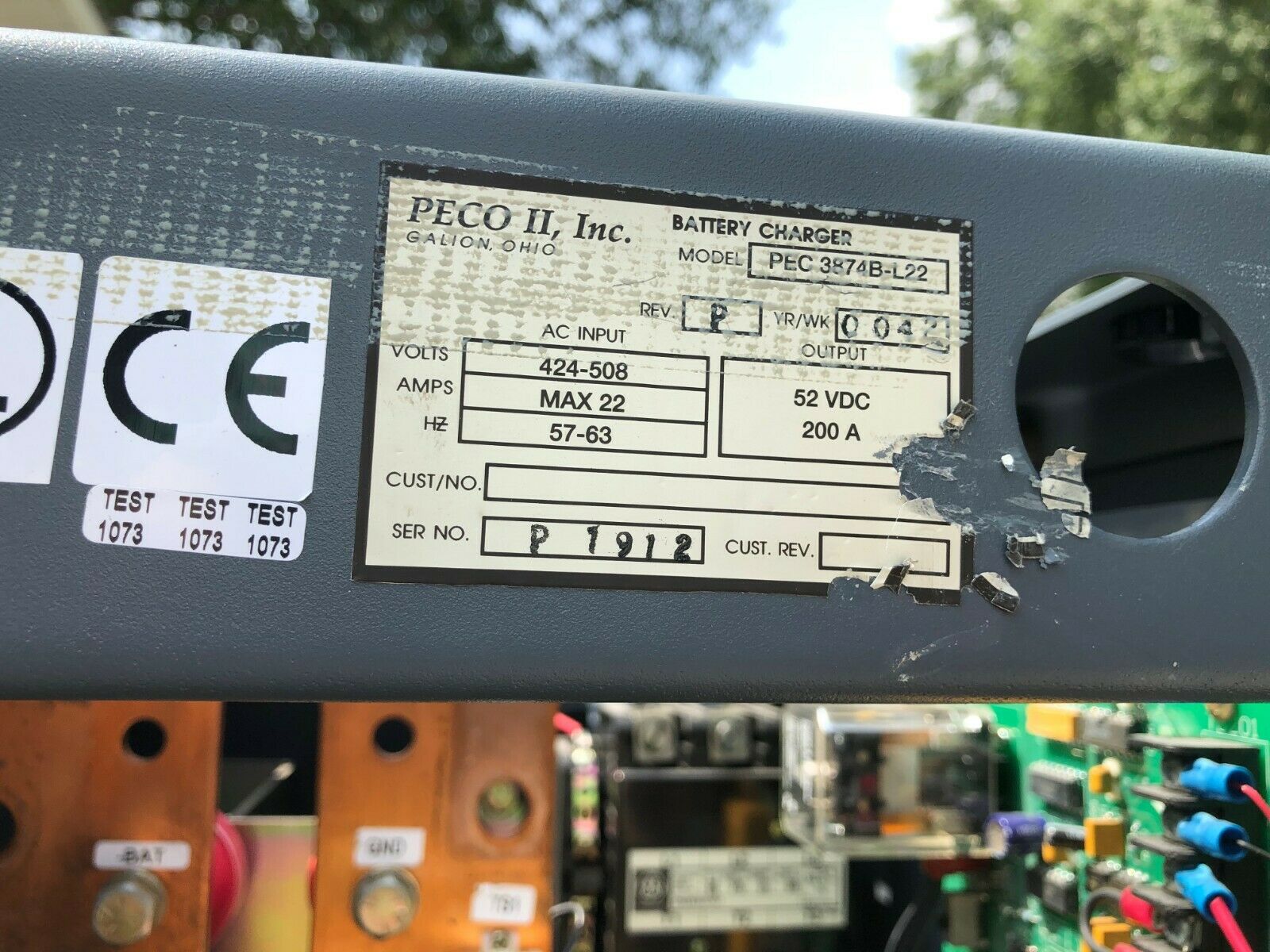 PEC 3874B-L22 Peco II Inc Battery Charger/Rectifier Ac Input 52vdc 200