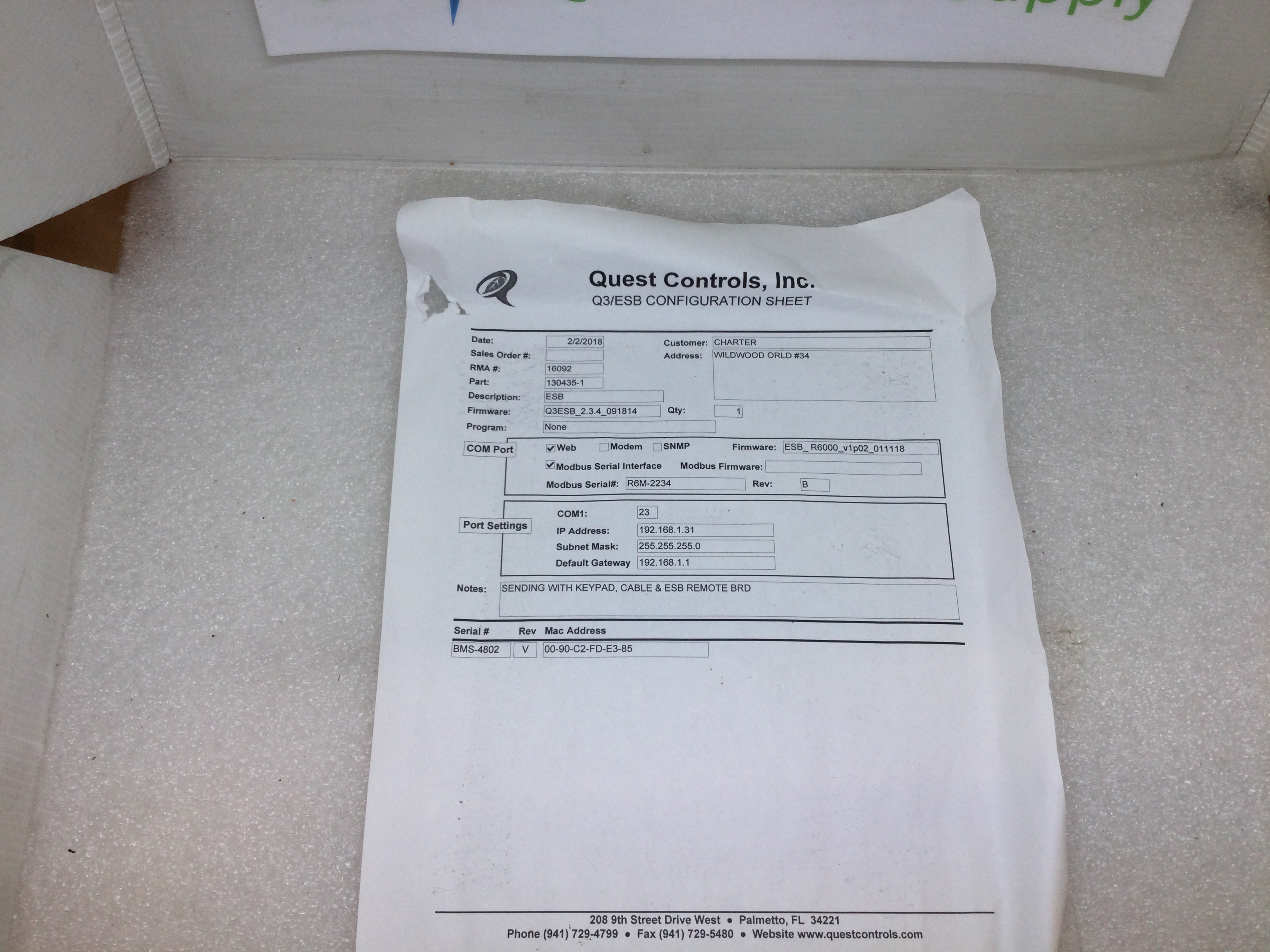 Quest Controls 130435-1R ESB PCB Controls-Indicators & CPU/Control Boa
