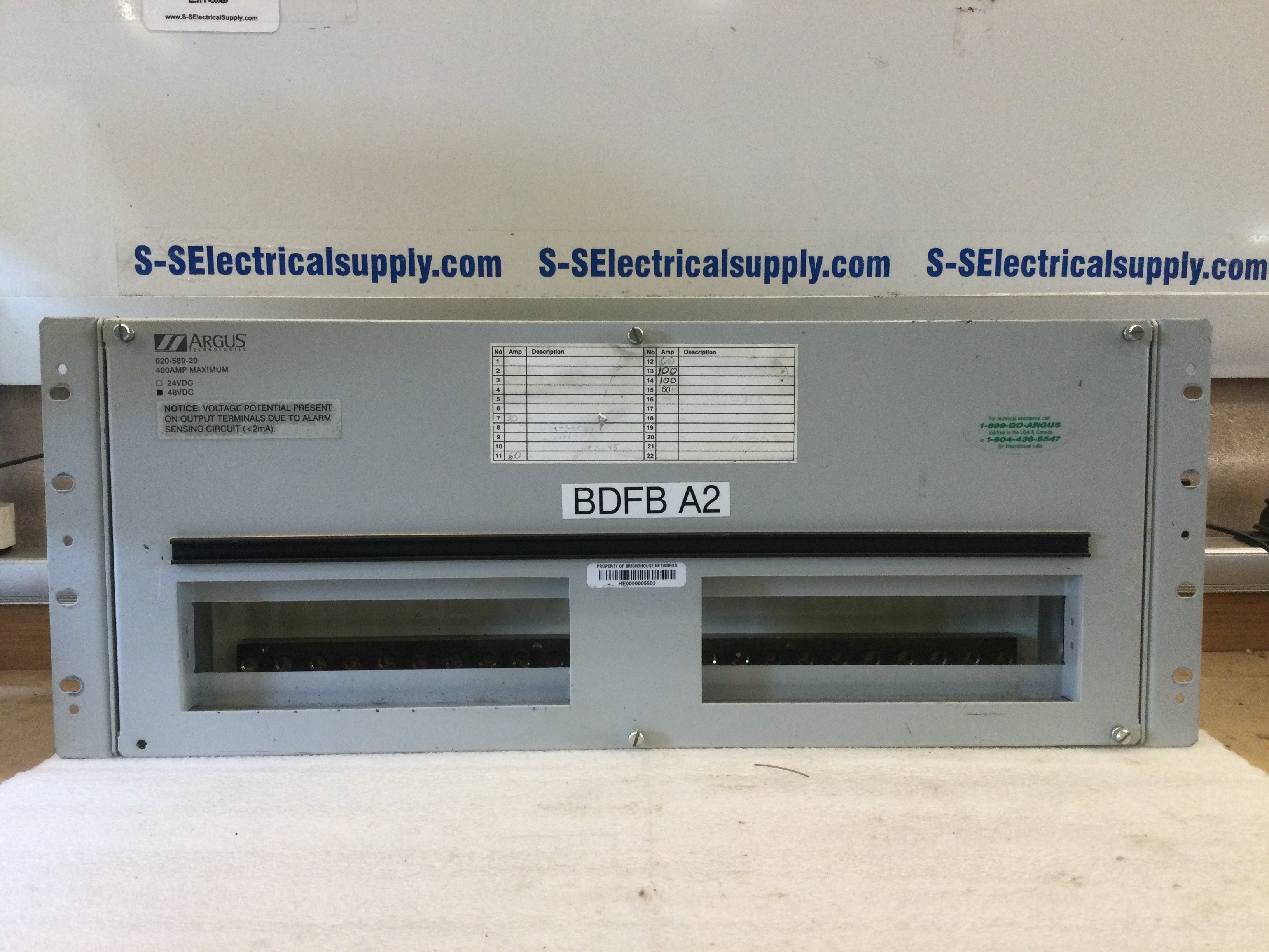 Argus Technologies 020-589-20 400A Max 48VDC LV Telecom 20 Circuit Rac