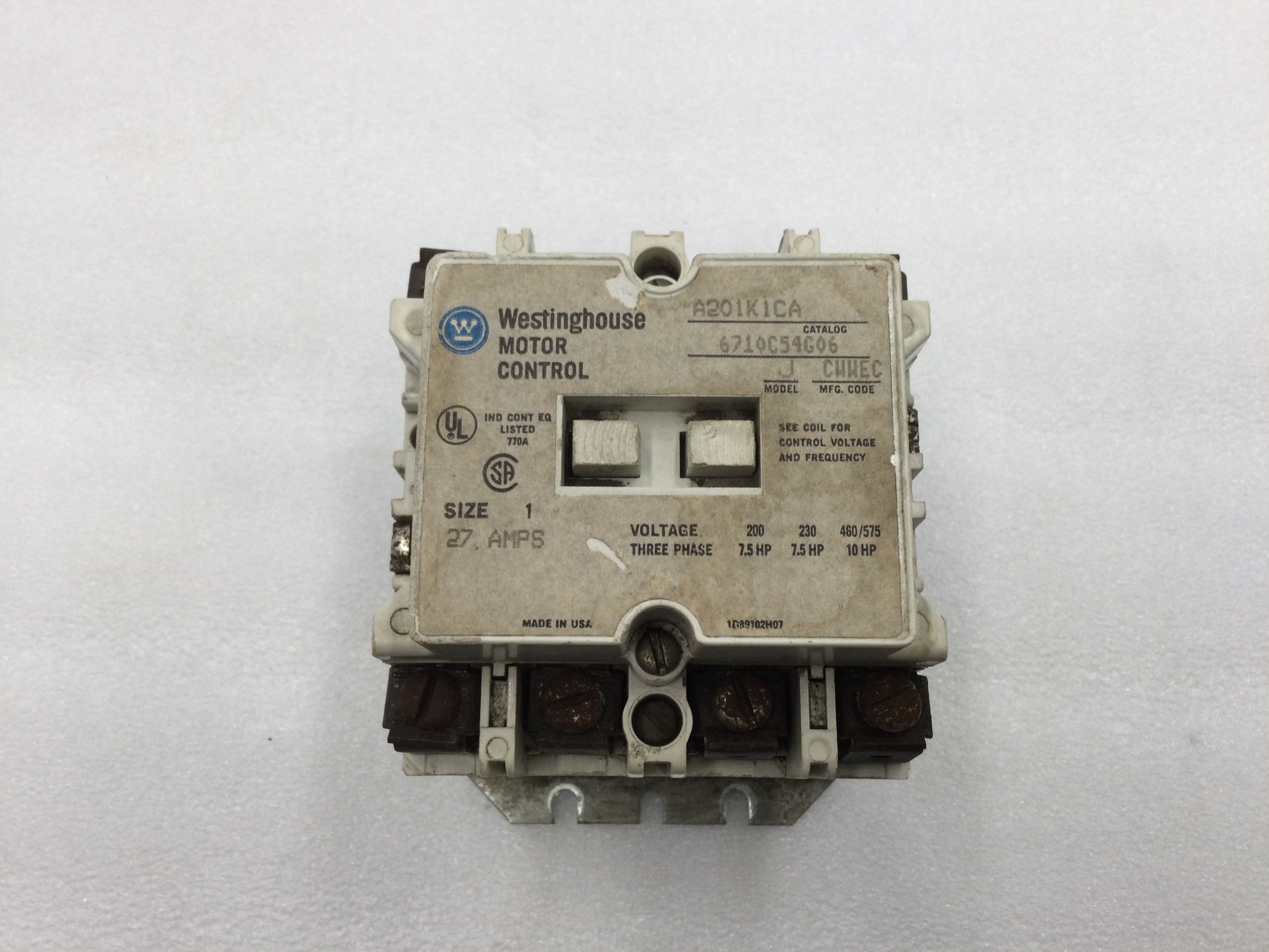 Westinghouse A201K1CA Size 1 Style 6710C54G06 27 Amp 3 Phase Motor Con