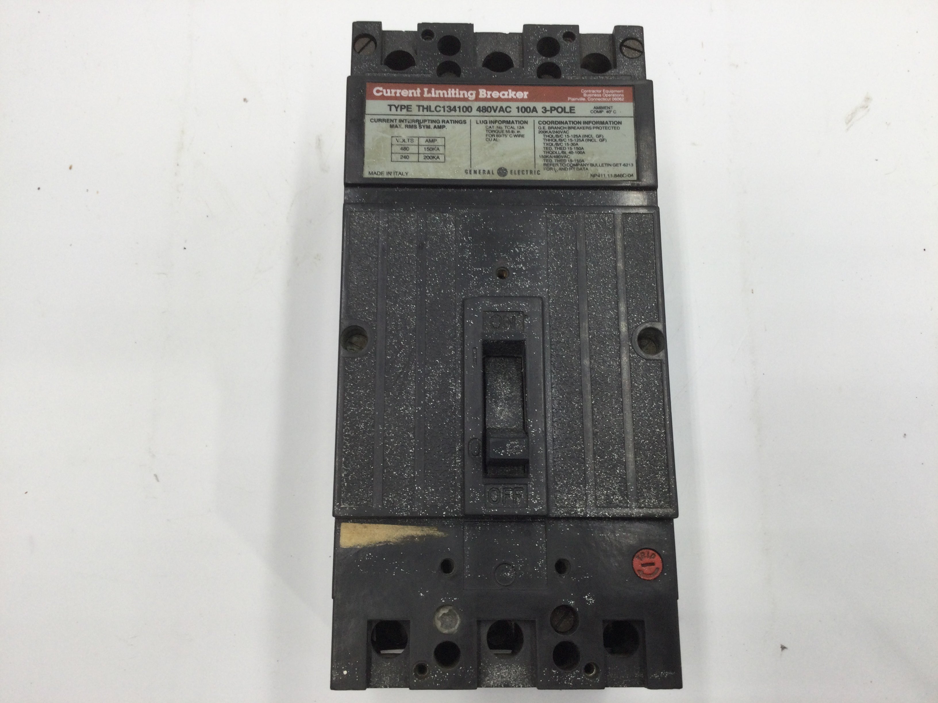 GE General Electric THLC134100 3 Pole 100 Amp 480Vac THLC Circuit Brea