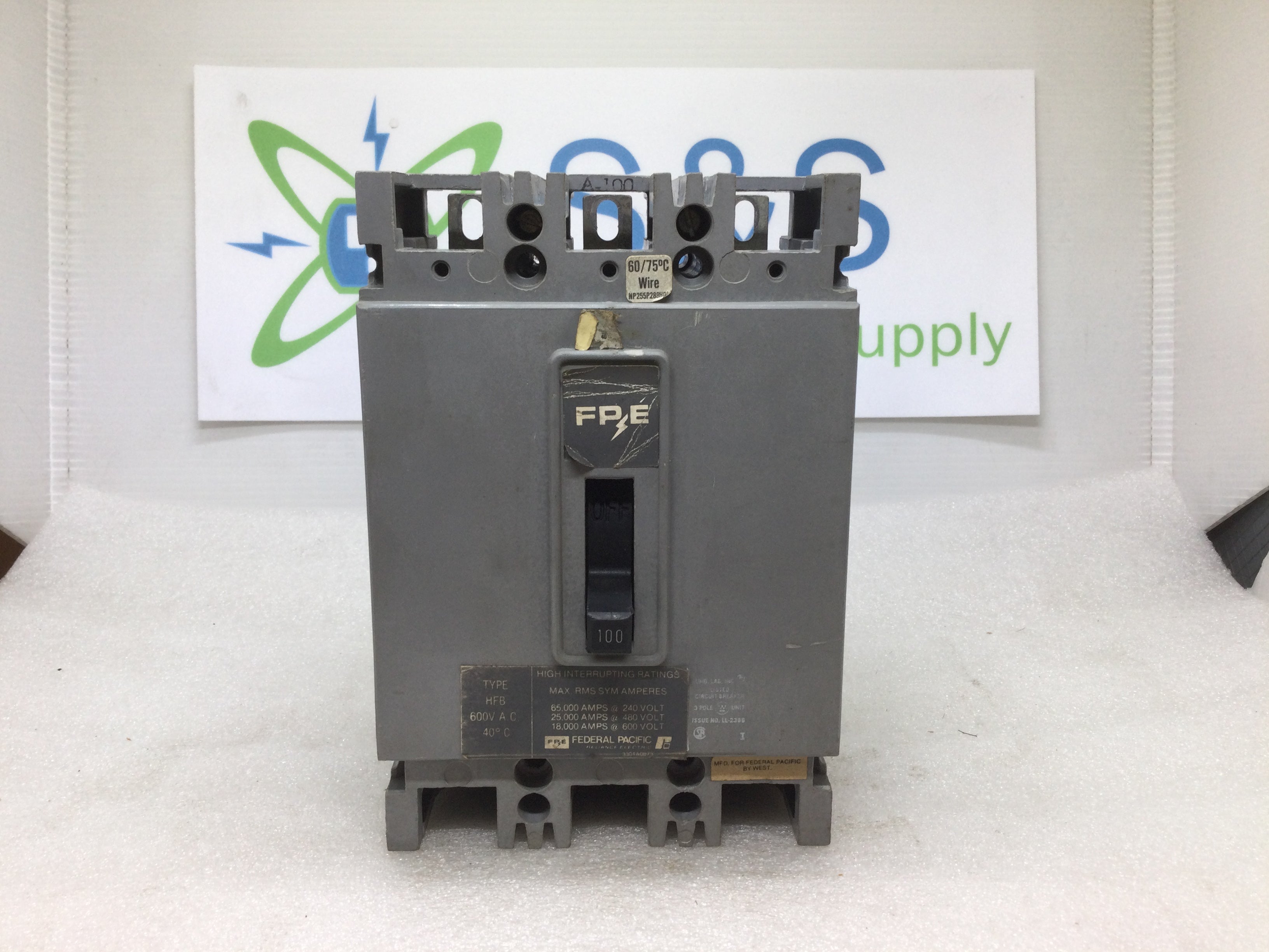 FPE Federal Pacific HFB3100 100 Amp 3 Pole 600V Circuit Breaker