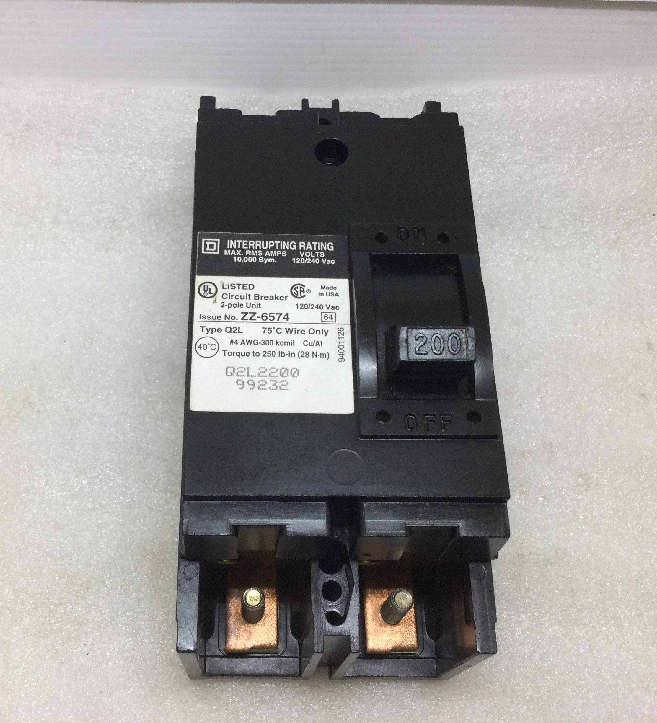 Square D Q2L2200 200 Amp 2 Pole 240V Circuit Breaker