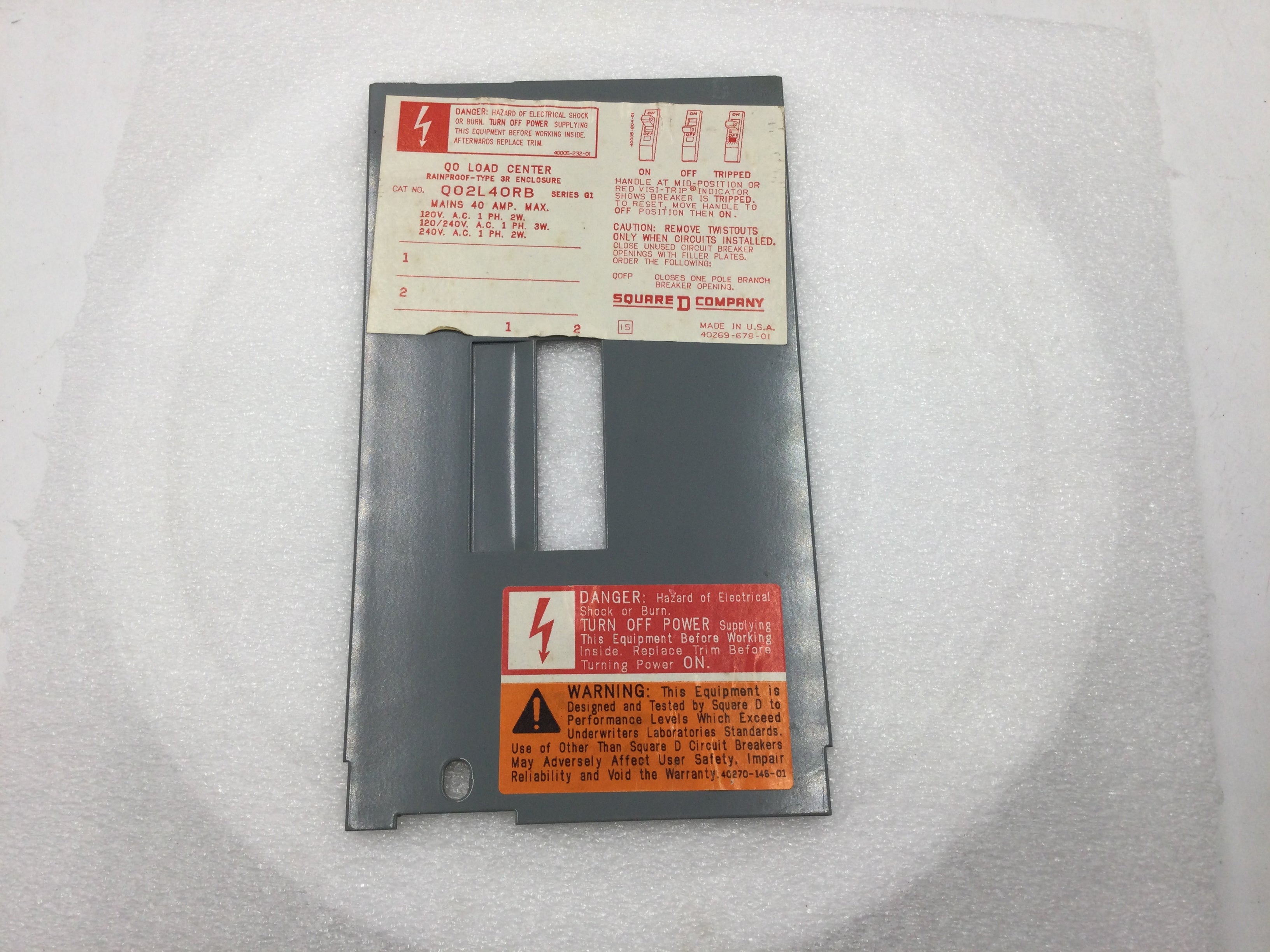 Square D QO2L40RB 40 Amp Series G1 120/240V 1 Phase 3 Wire Dead Front
