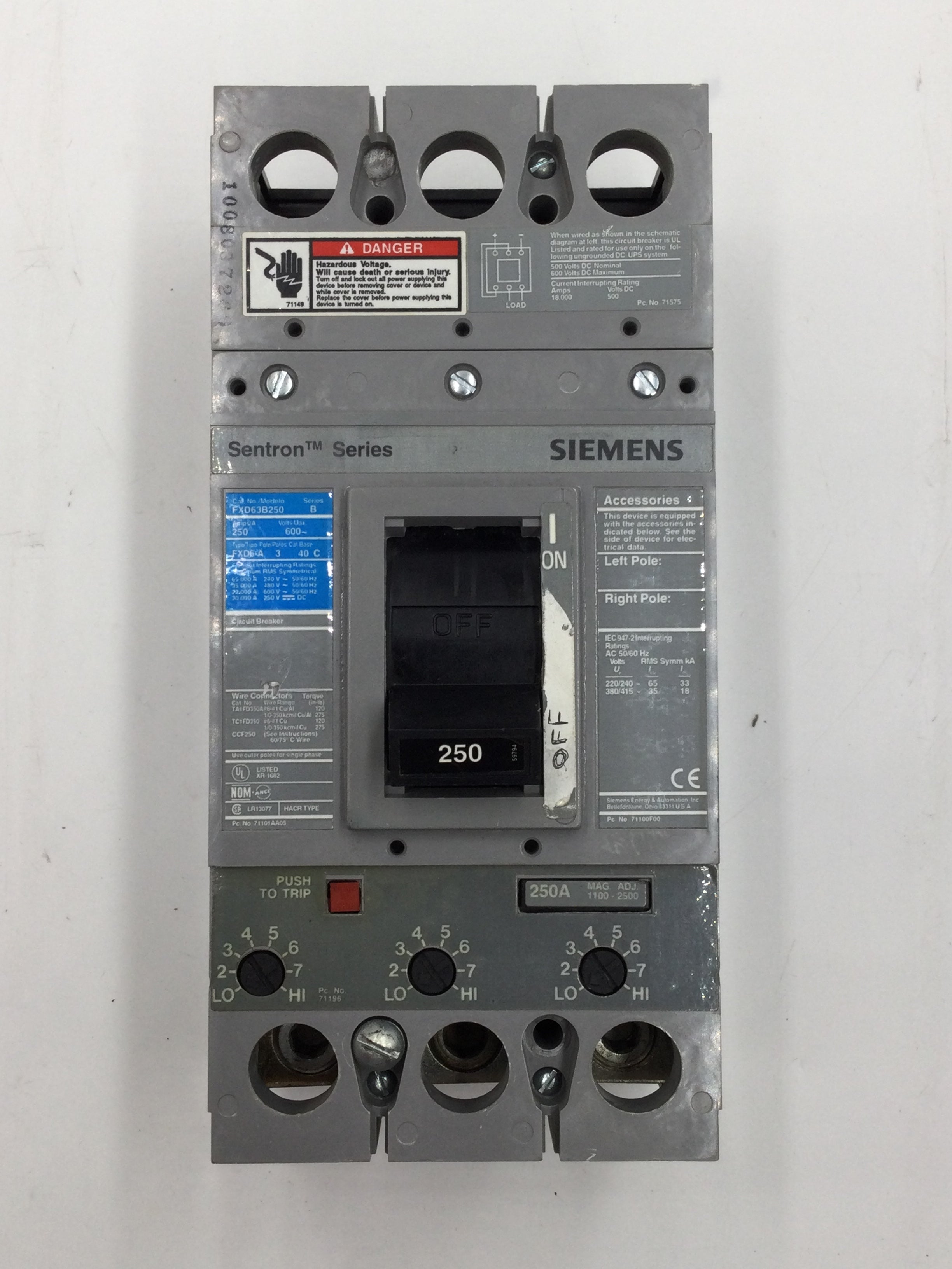 Siemens ITE FXD63B250 Series A 3 Pole 250 Amp 600v Sentron Series Circ