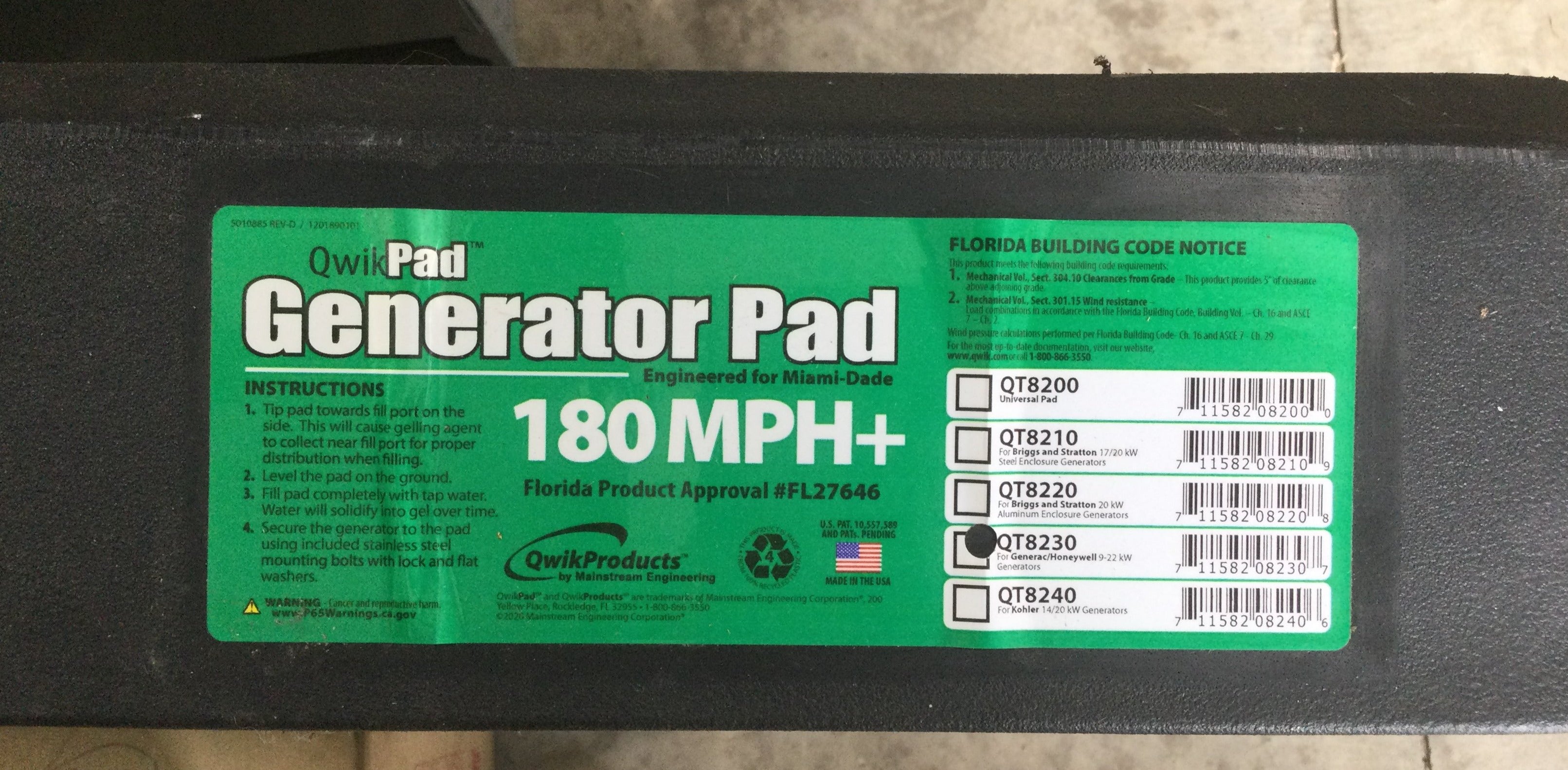 QwikProducts Qwikpad QT8230 180MPH+ Rated Generator Pad 9KW-22KW Light