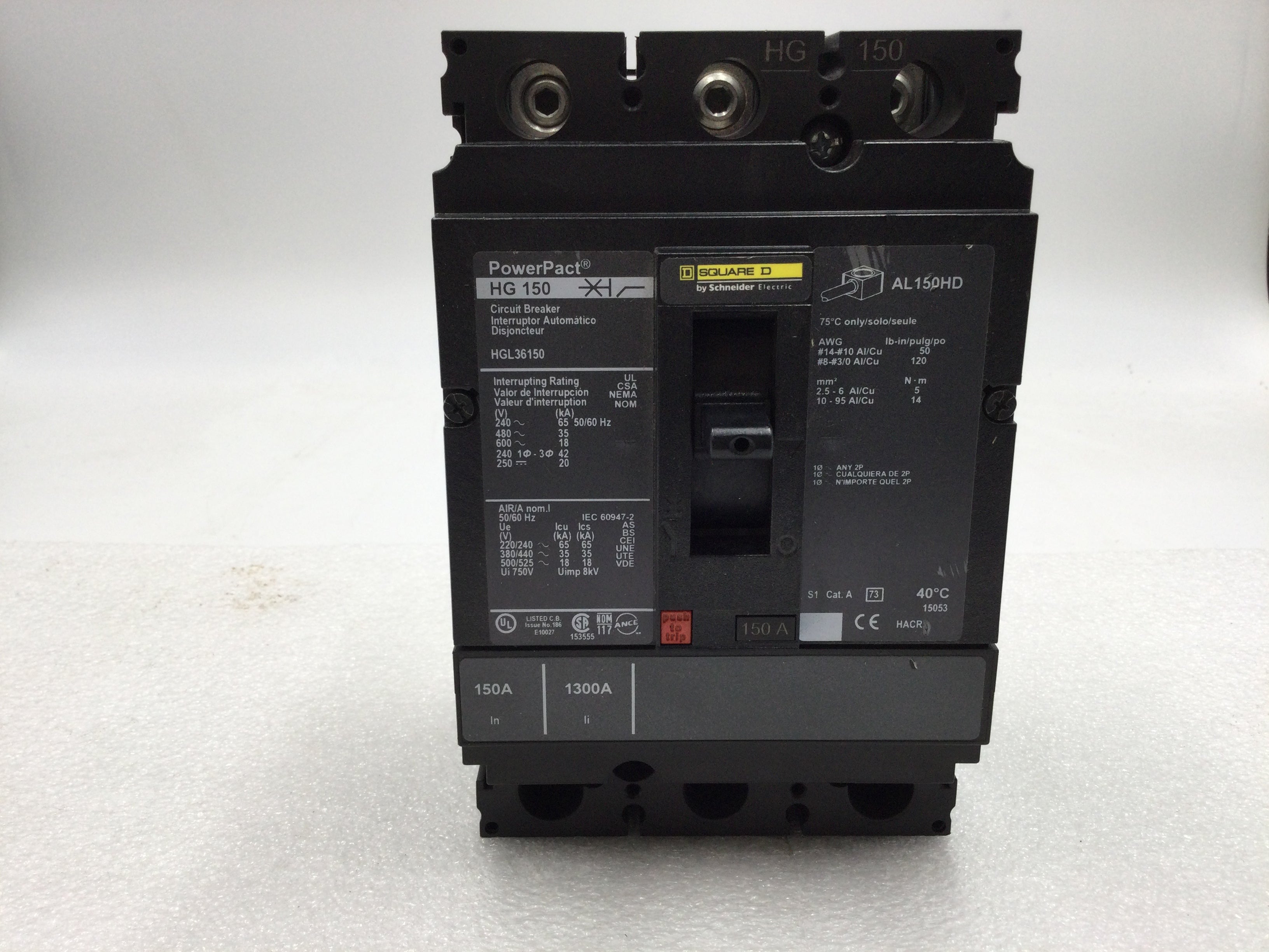 Square D HGL36150 3 Pole 150 Amp 600v HGL Circuit Breaker