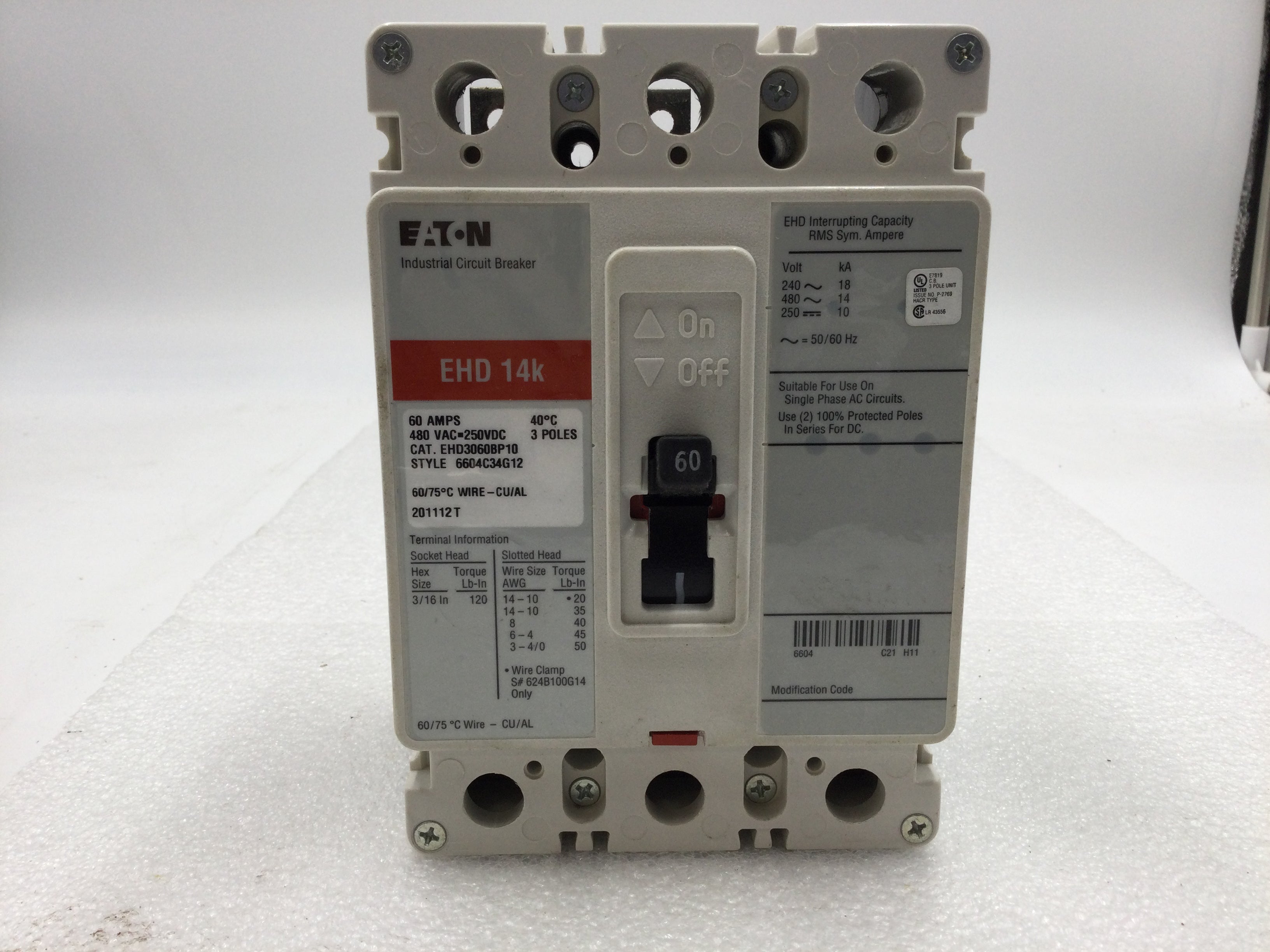 Eaton EHD3060BP10 60 Amp 3 Pole 480V EHD 14K Circuit Breaker