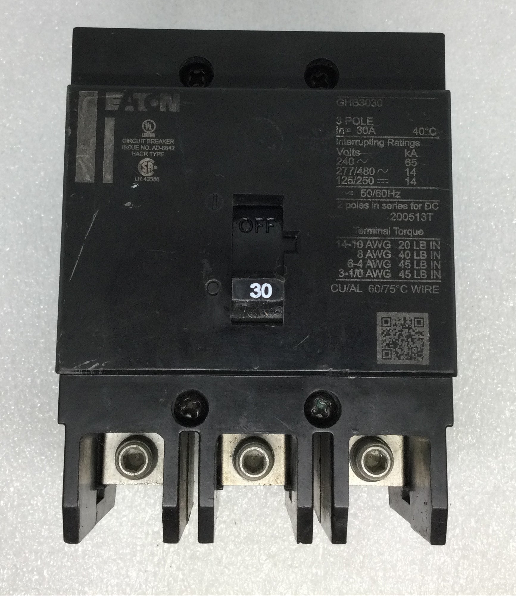 Eaton GHB3030 30 Amp 480v 3 Pole Bolt on Circuit Breaker