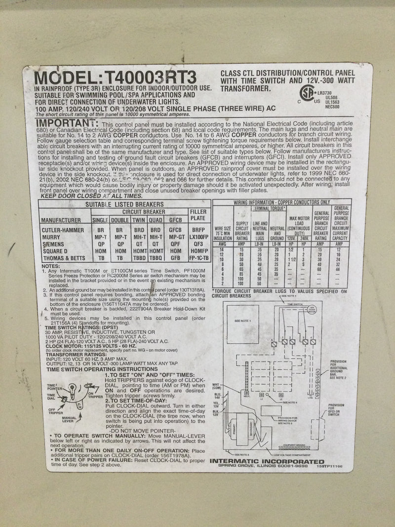Intermatic T40003RT3 100 Amp 120/240v Single Phase 3 Wire Type 3R Encl