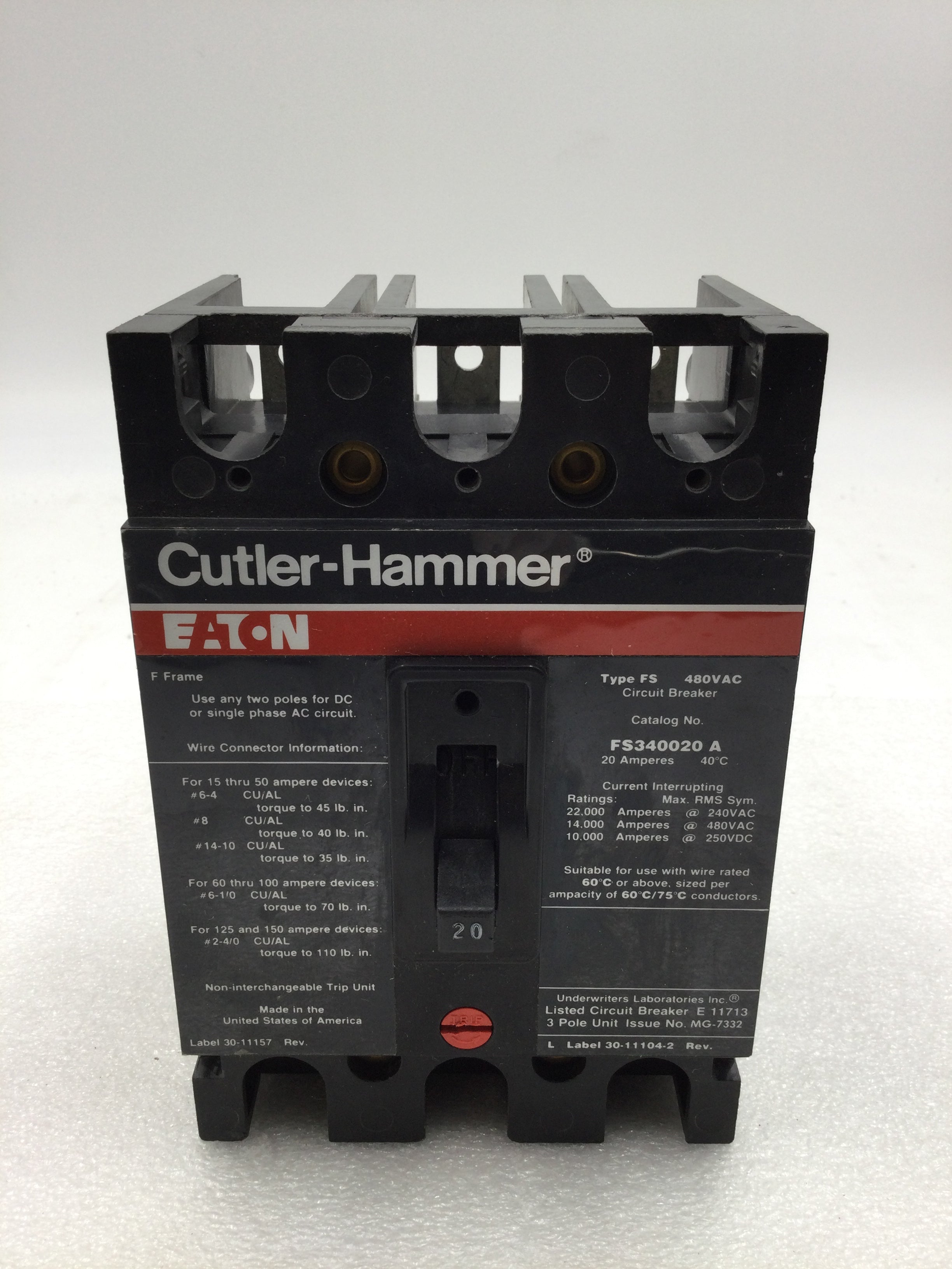 Eaton/Cutler Hammer FS340020A 20 Amp 3 Pole 480V Type FS Circuit Break
