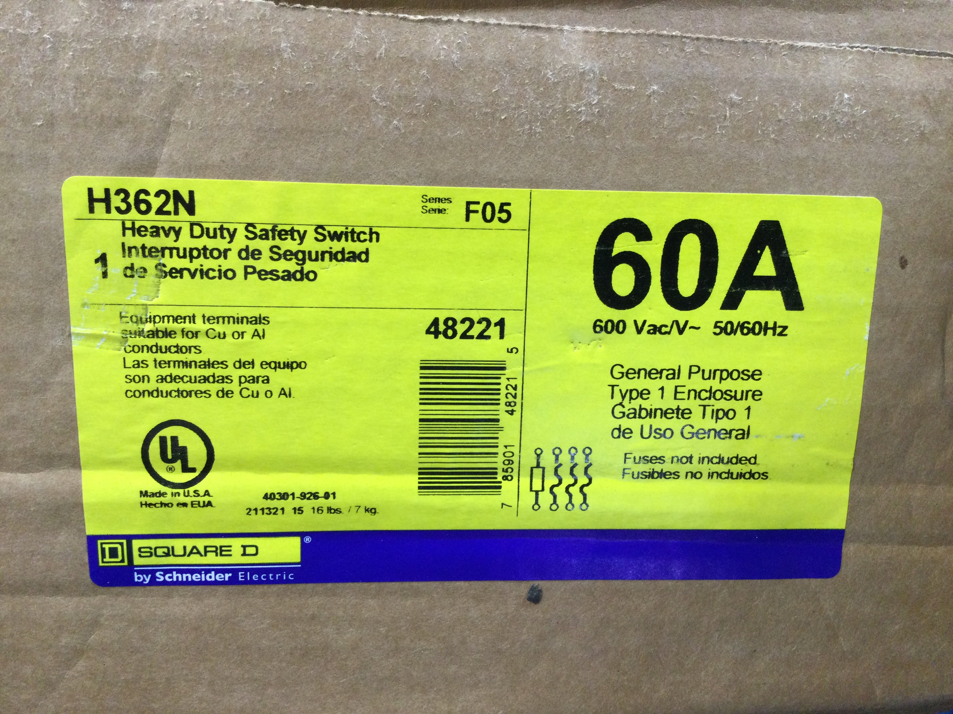 Square D H362N 3 Pole Fused 60A 600VAC Type Nema1 Safety Switch
