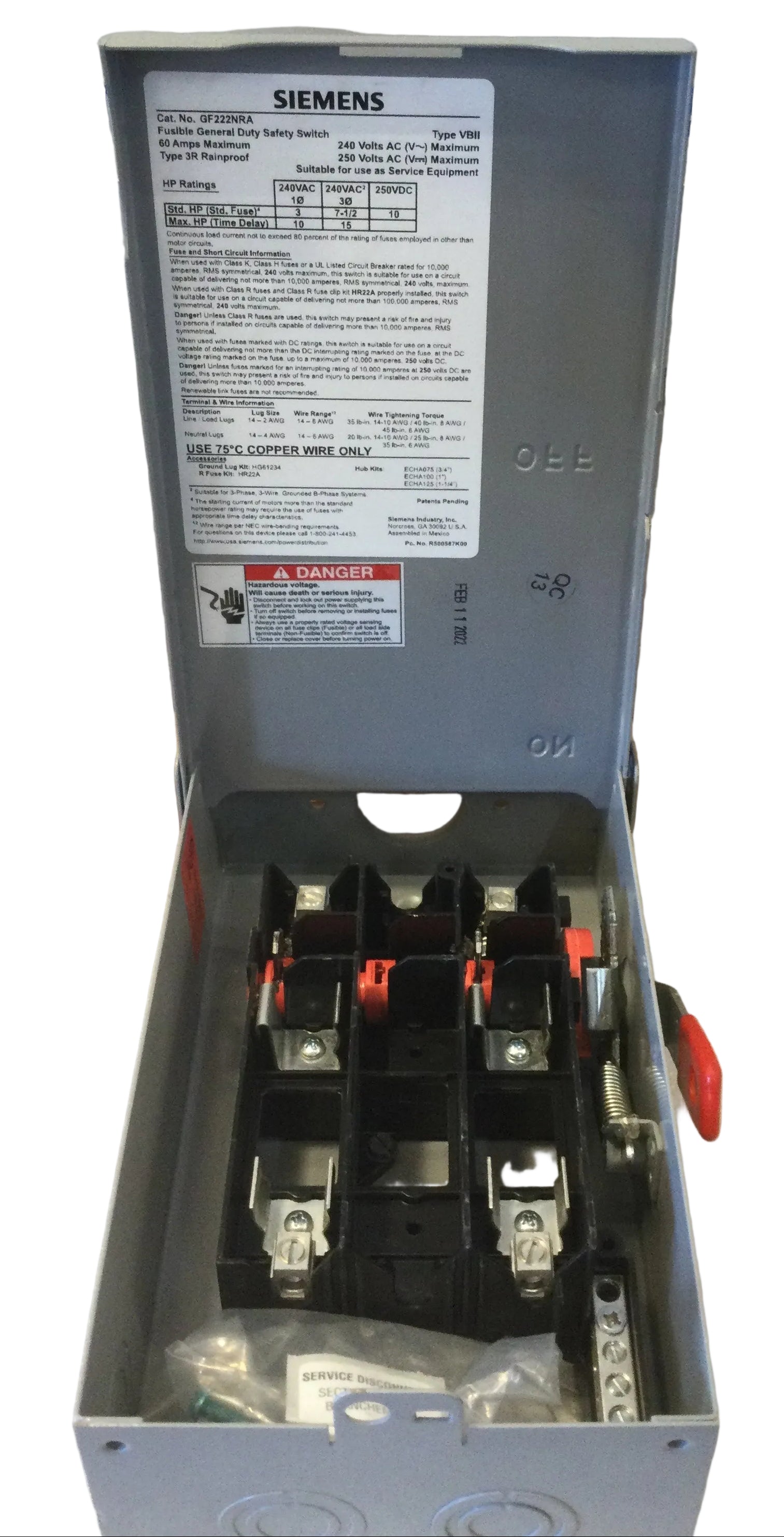 Siemens GF222NRA Single Phase 60A 240VAC Fusible General Duty Safety S