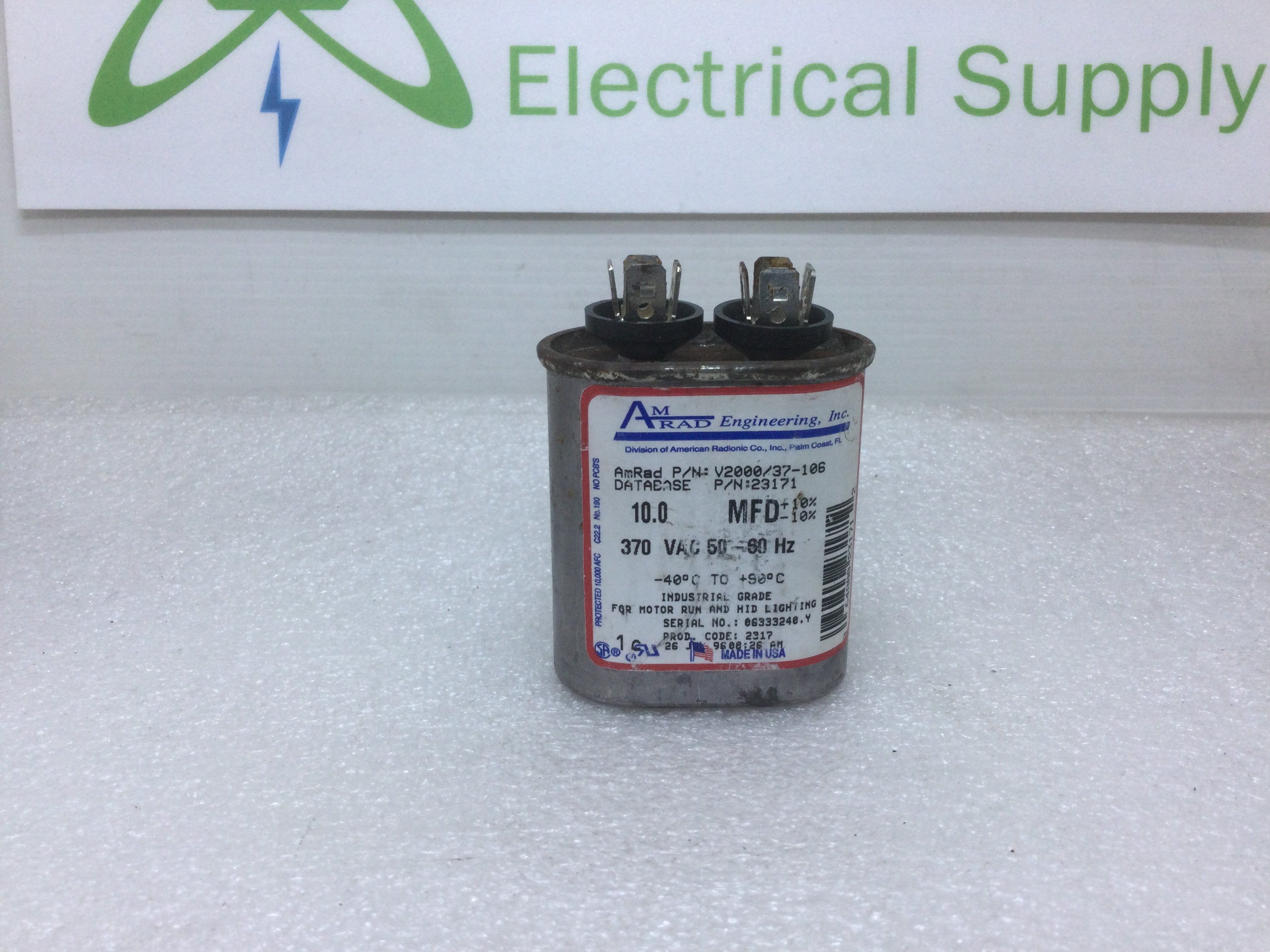 Amrad Capacitor 10.0 MFD +/- 10% 370V 50-60Hz V2000/37-106 P/N 23171