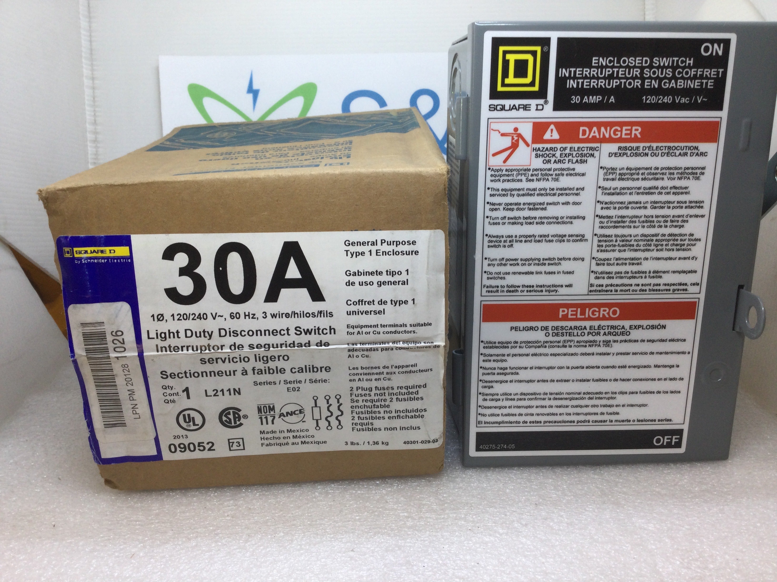 Square D L211N 30 Amp Light Duty Disconnect Switch 120/240V 3-Wires Se