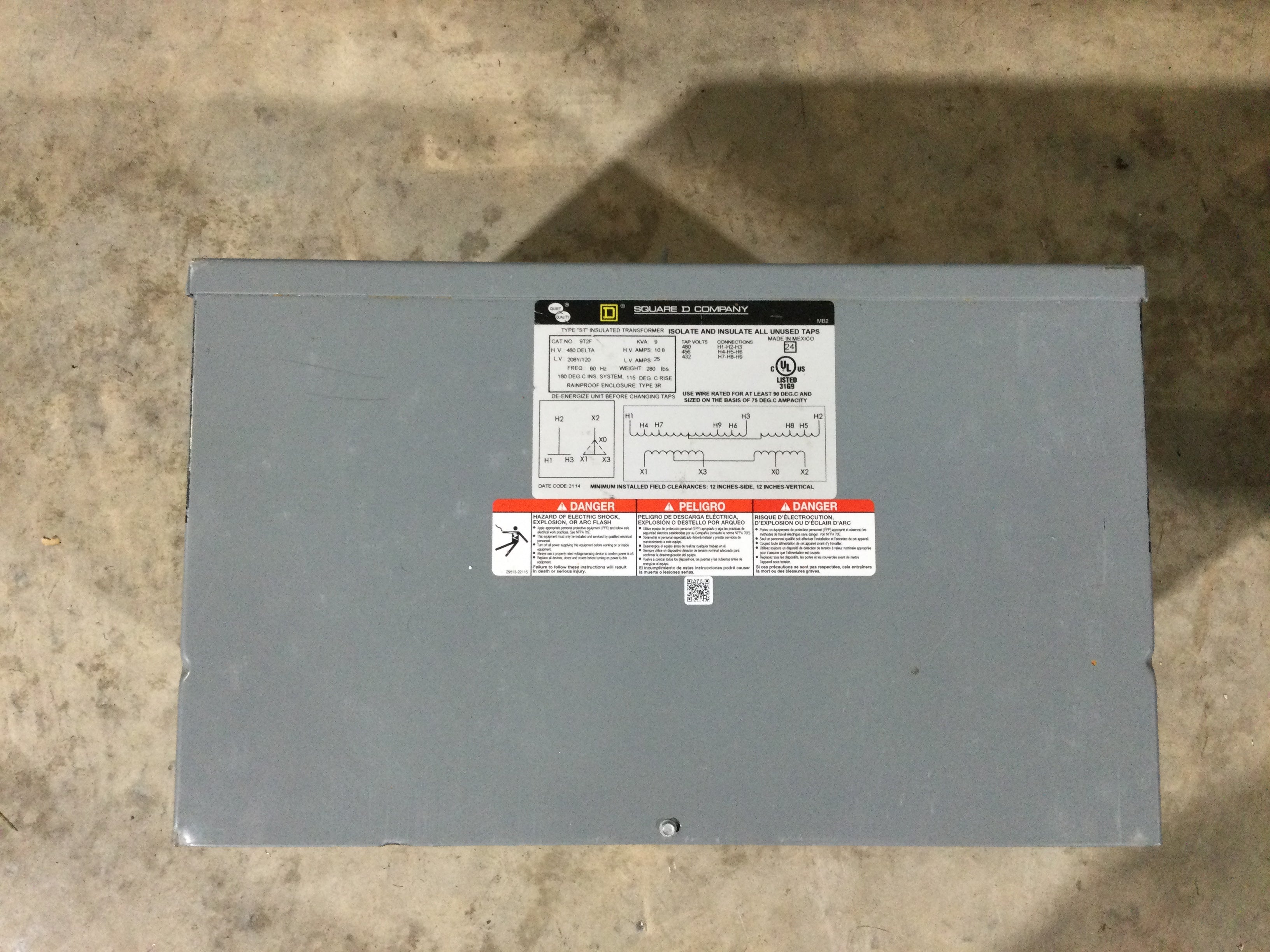Square D 92TF 3 Phase 9kVA 480VAC Delta @ 10.8A Primary/208Y/120VAC X