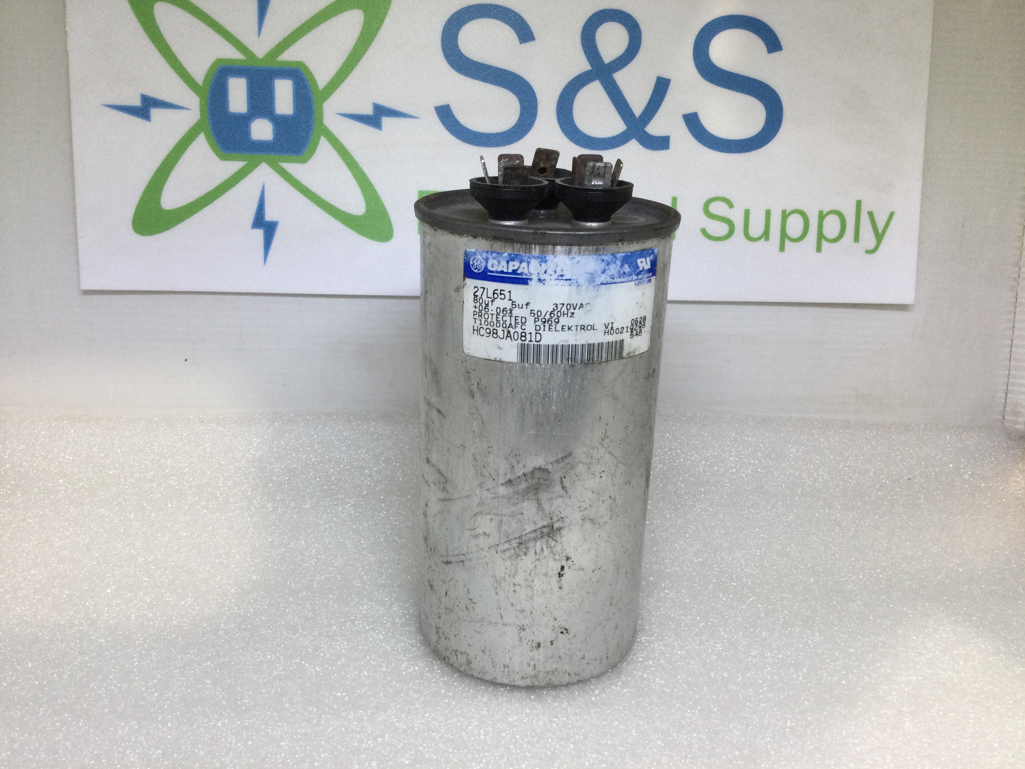 GE Capacitor 27L651 80/5uf 370Vac +/-6% 50/60Hz