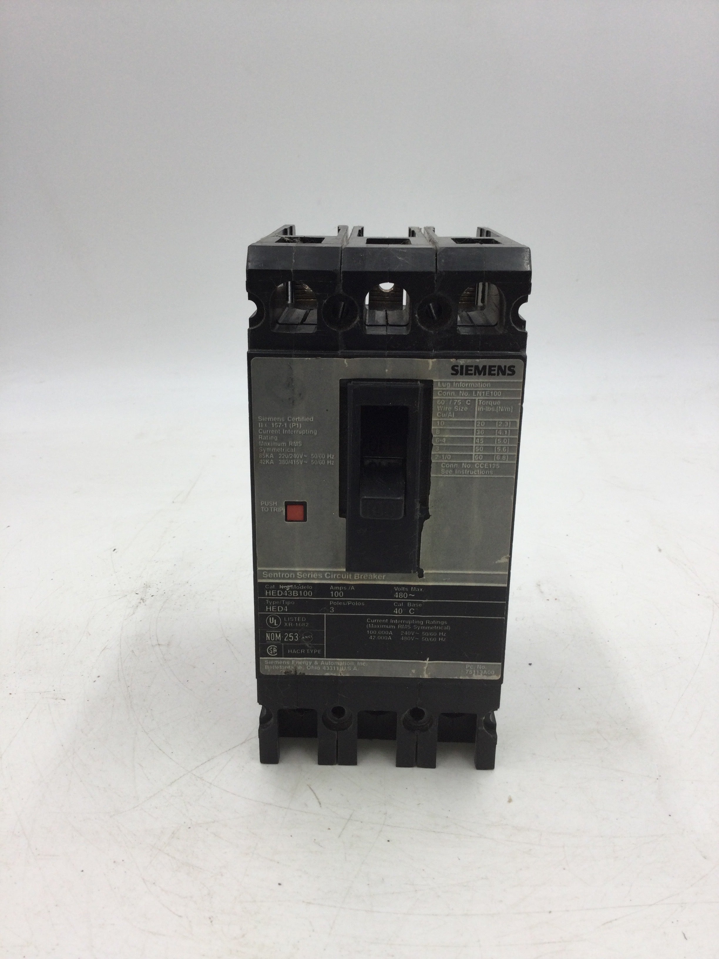 Siemens HED43B100 100 Amp 3 Pole 480V Type HED4 Sentron Series Circuit