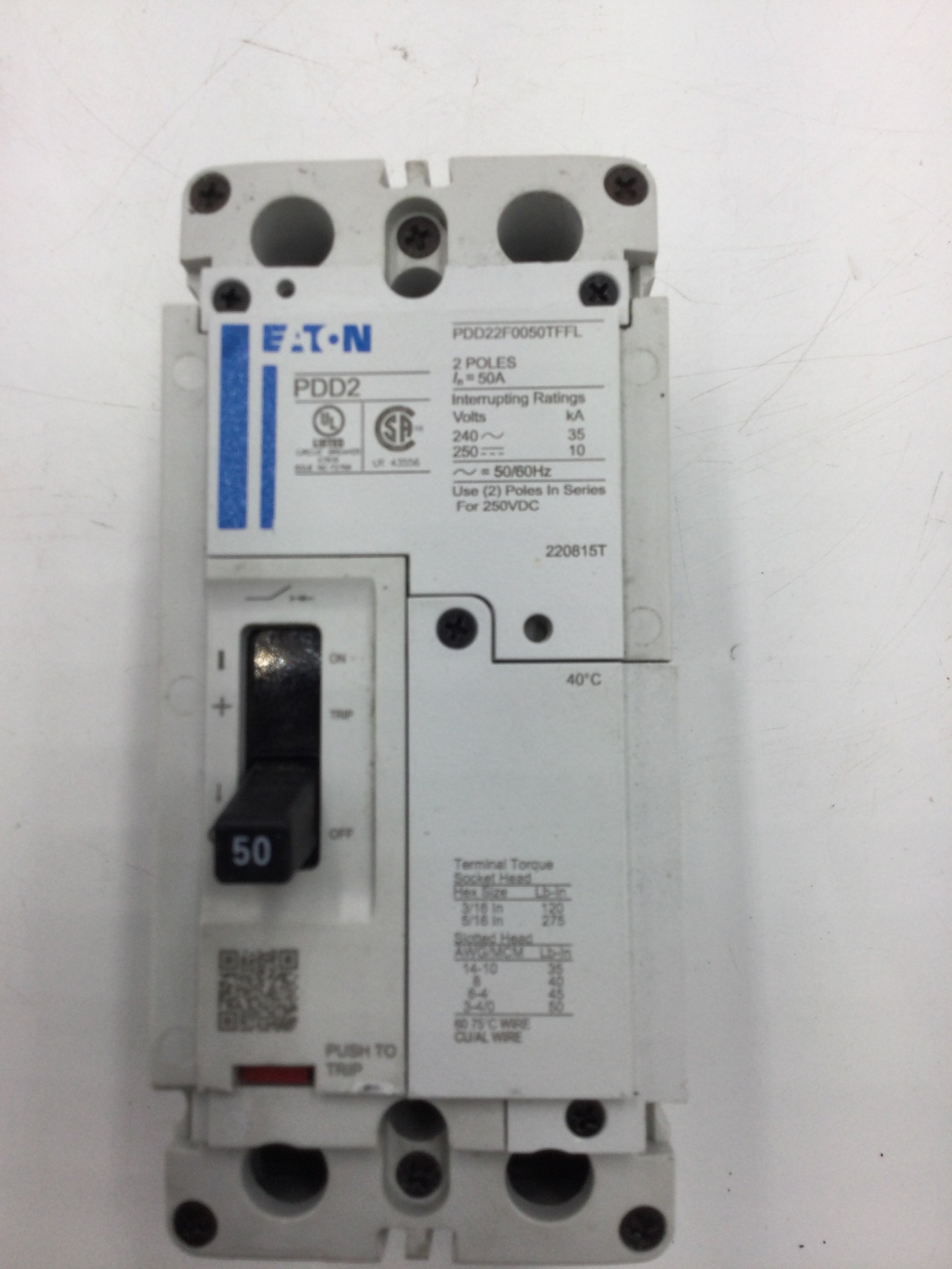 Eaton Cutler Hammer, PDD22F0050TFFL 50 Amp 2 Pole Breaker PRL4 Panel S