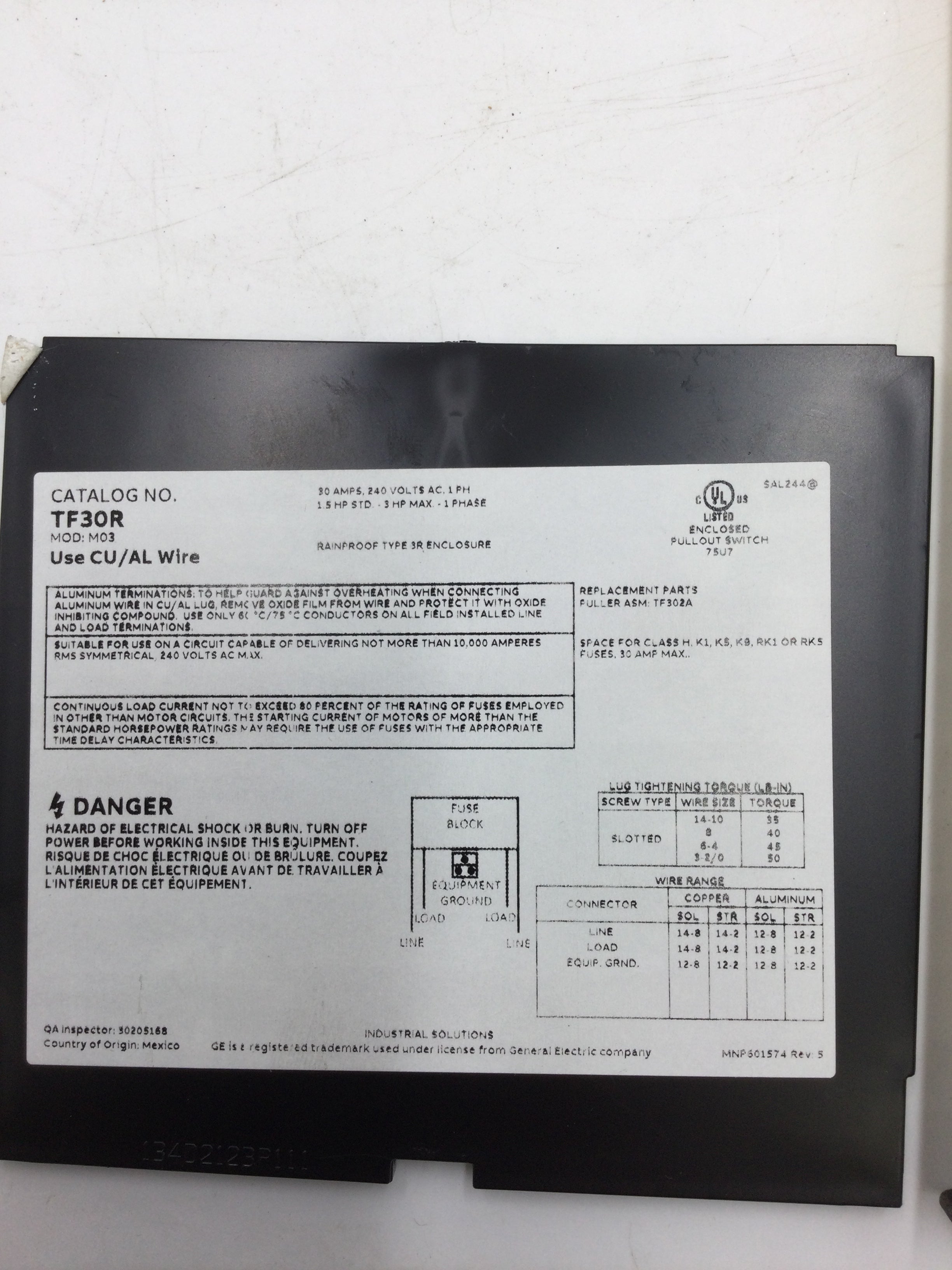 GE TF30R 30 Amp 240V 1 Phase Dead Front
