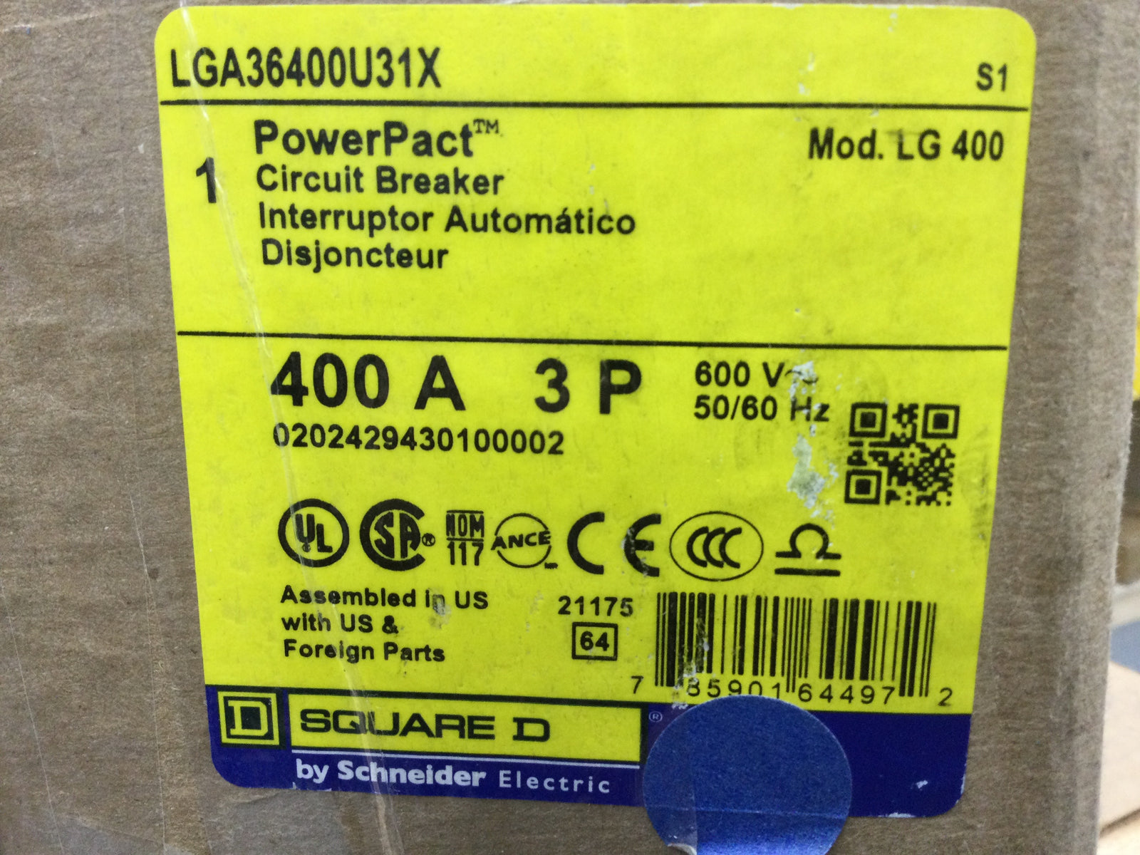 Square D LGA36400U31X 400 Amp 600V 3 Pole 35K Rated I-Line Circuit Bre
