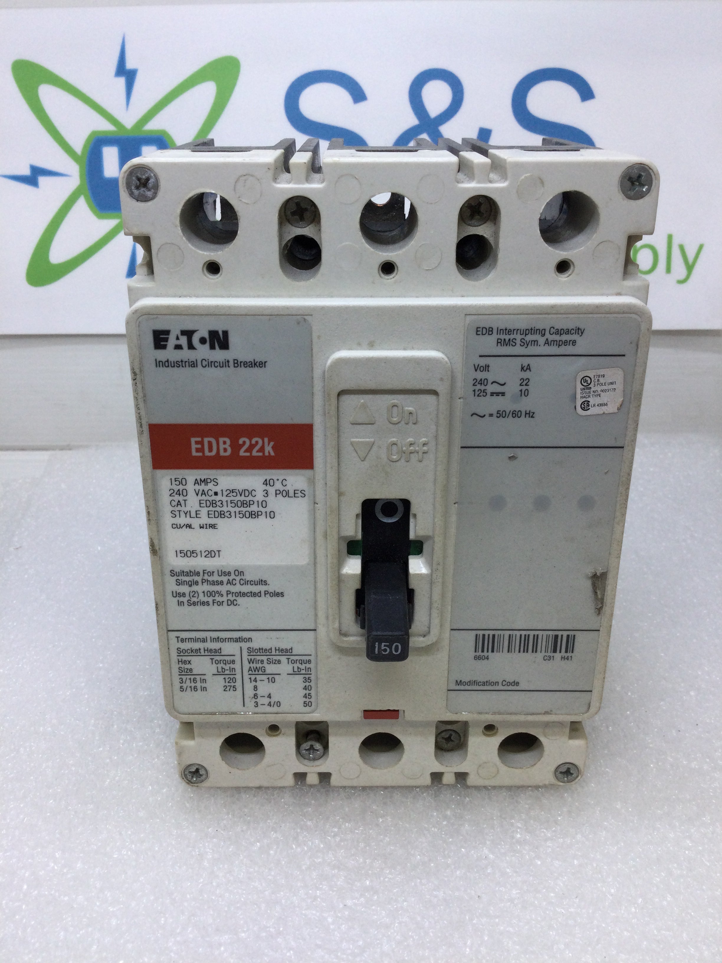 Eaton Cutler Hammer EDB3150BP10 240V 125 Amp 3 Pole EDB 22K Circuit Br