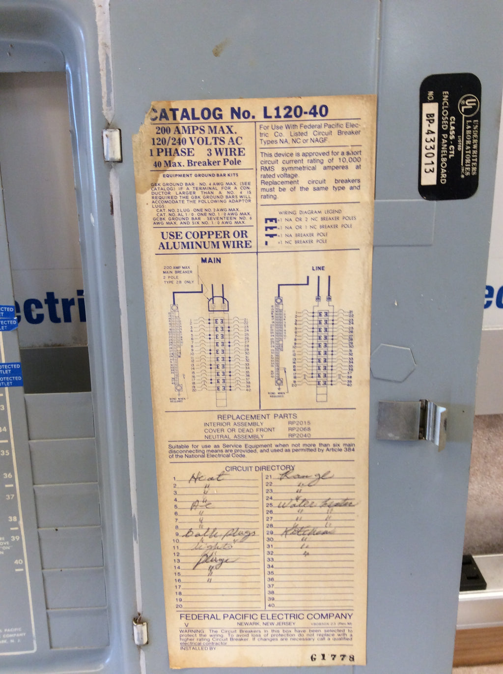 FPE Federal Pacific L120-40 200 Amp 120/240v 1 Phase 3 Wire 40 Space P