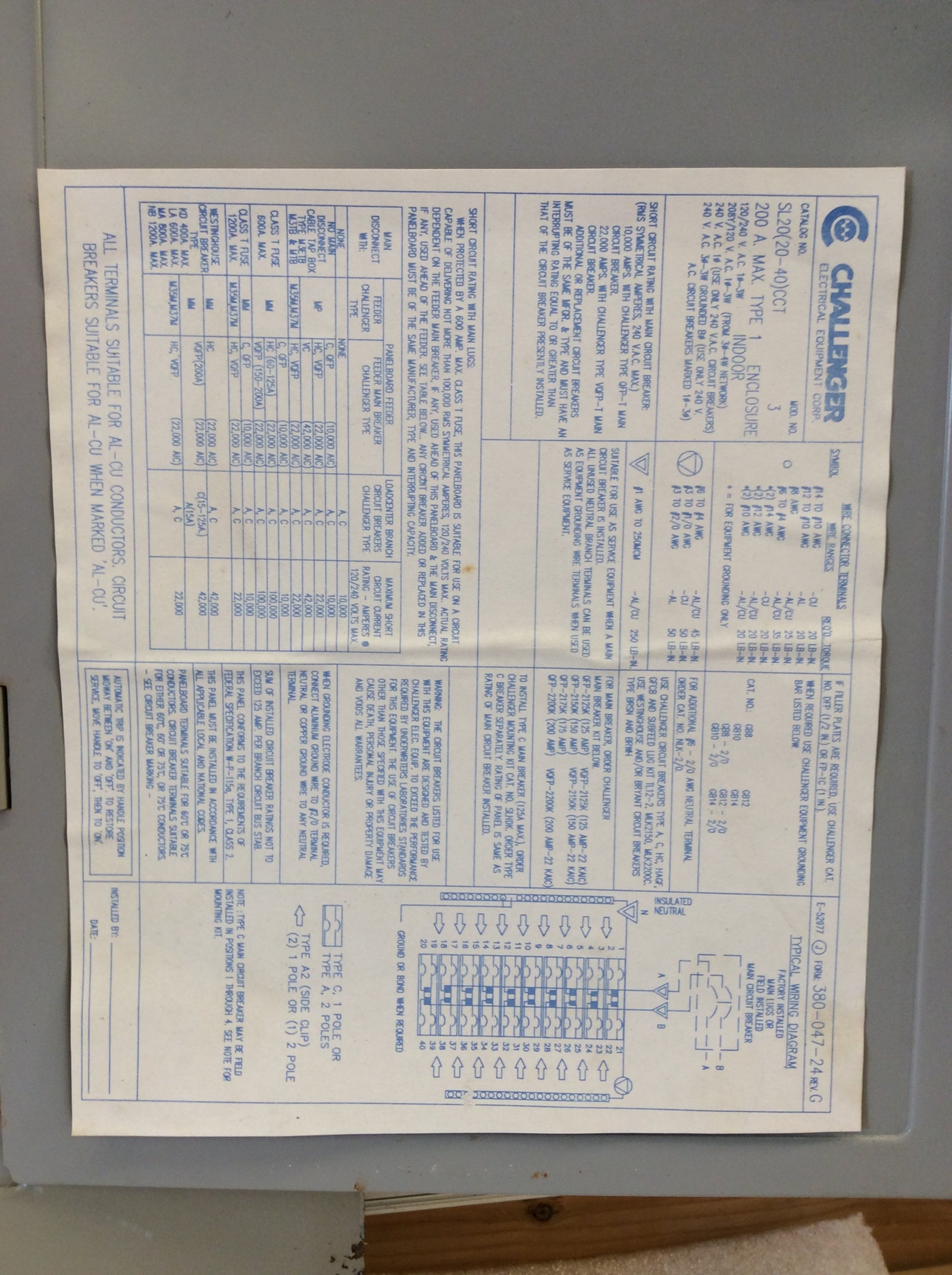 Challenger SL20(20-40)CCT 200 Amp 120/240v Type 1 Indoor Enclosure 20/