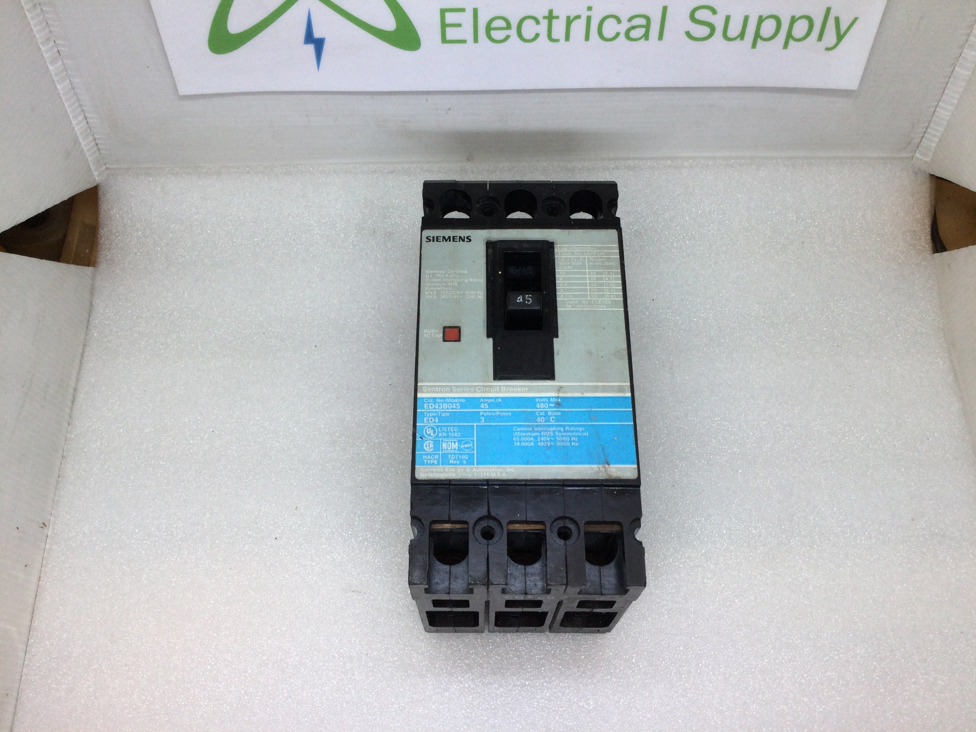 Siemens/ITE ED43B045 Sentron Series 45A 480VAC 3 Pole Type ED4 Circuit