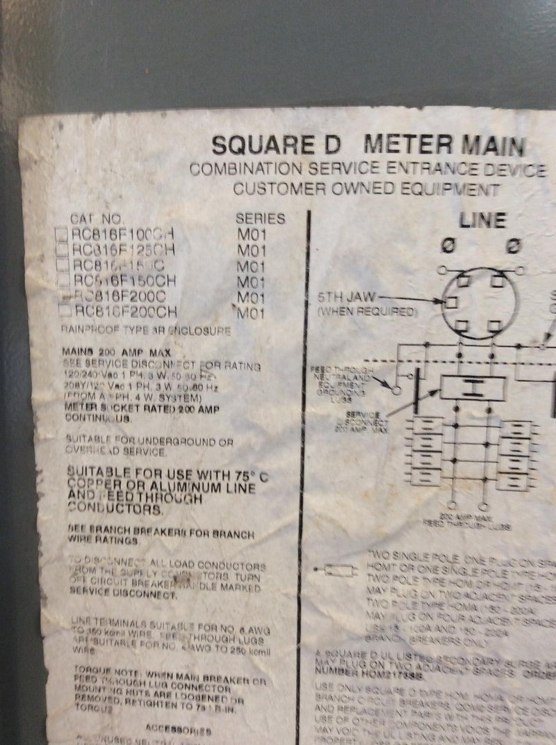 Square D RC816F200C 200 Amp 120/240V 1 Phase 3 Wire Type 3R HINGED DOO