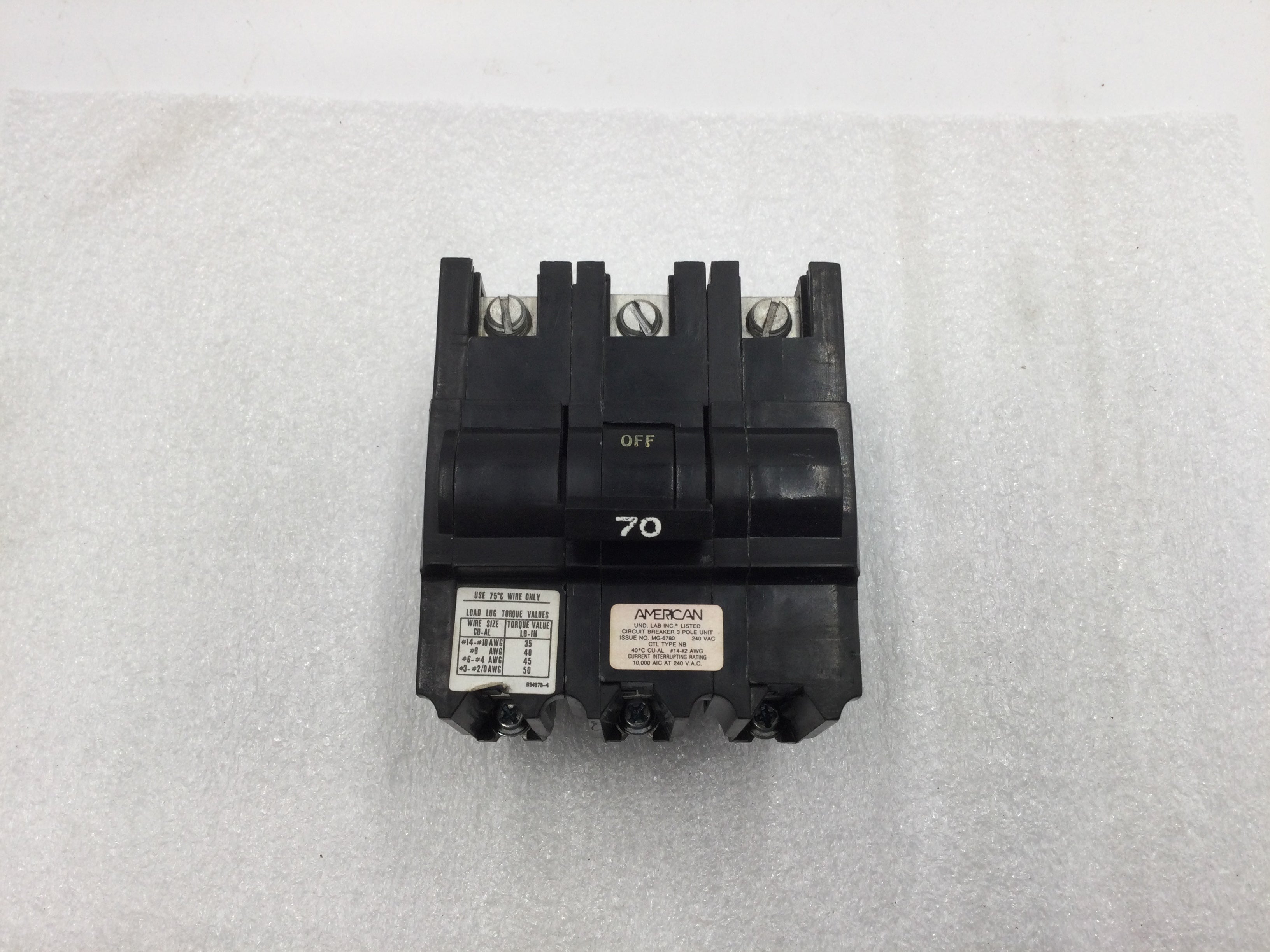 American NB370 3 Pole 70 Amp 240V Bolt on CIrcuit Breaker