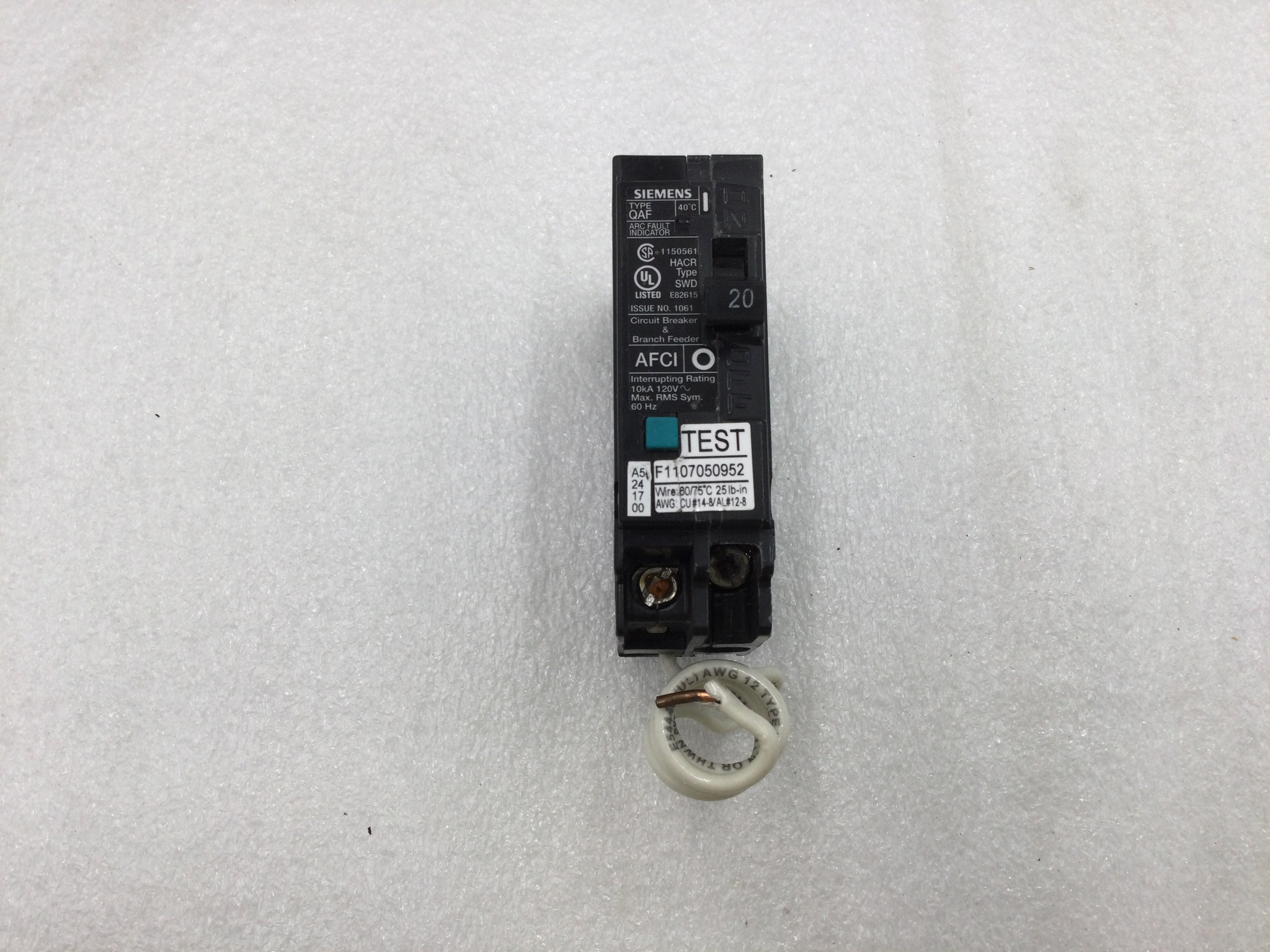 Siemens Arc Fault Q120AF 20 Amp 120V Single Pole Circuit Breaker