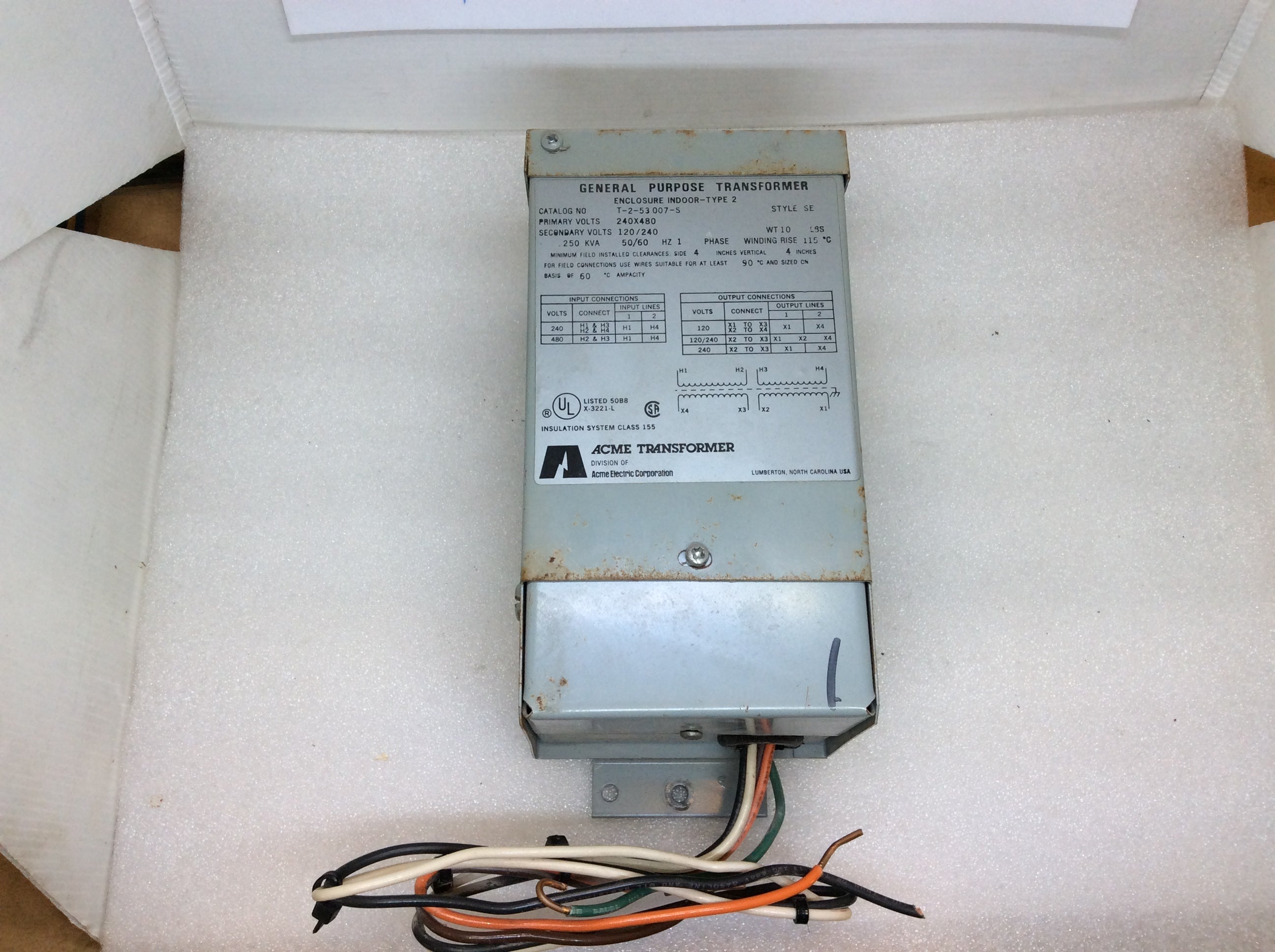 Acme T-2-53007-S 240x480 Primary 120/240 Secondary .250KVA Transformer
