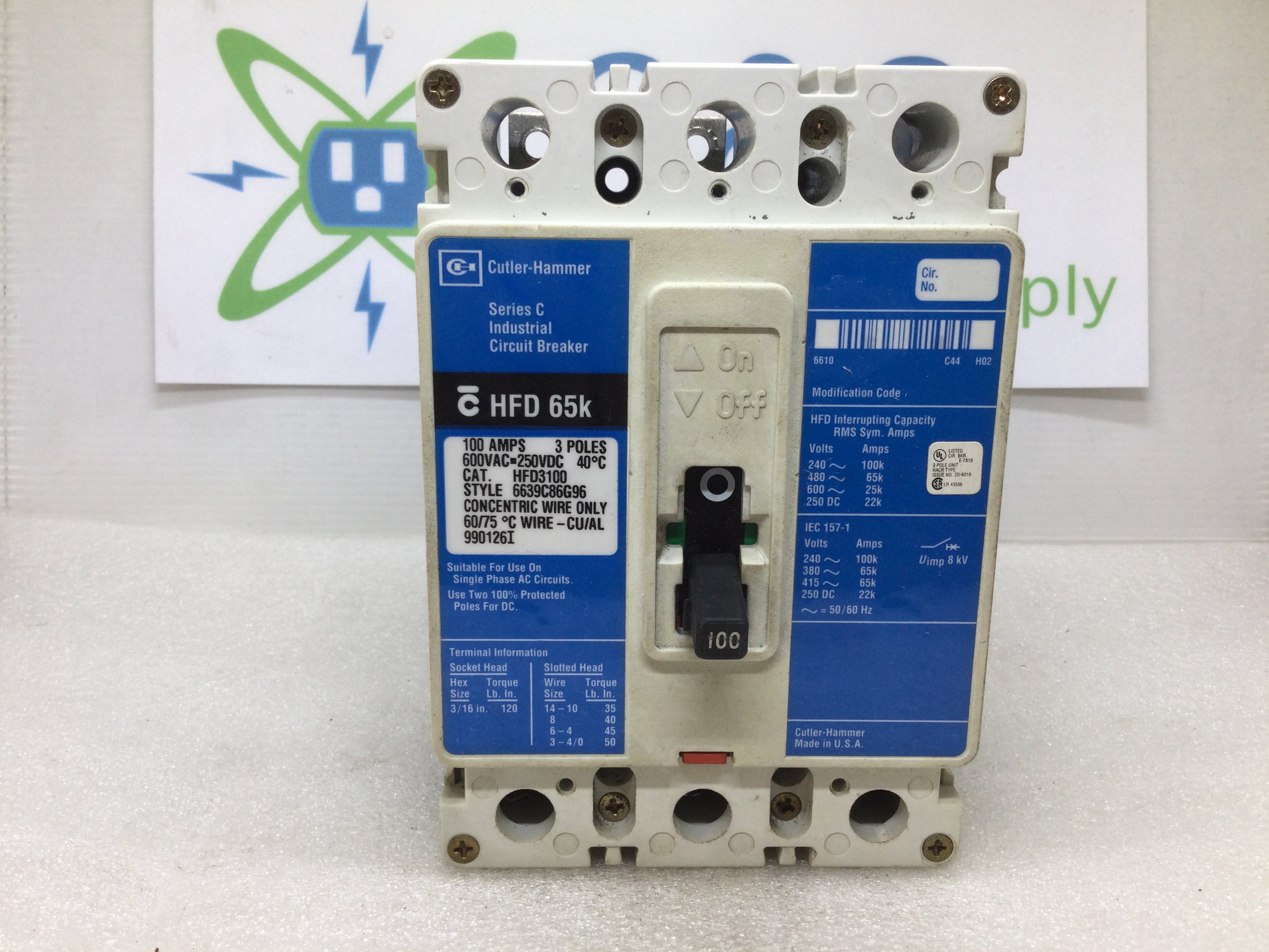 Cutler-Hammer HFD3100 100 Amps 3 Pole 600V 65k Circuit Breaker